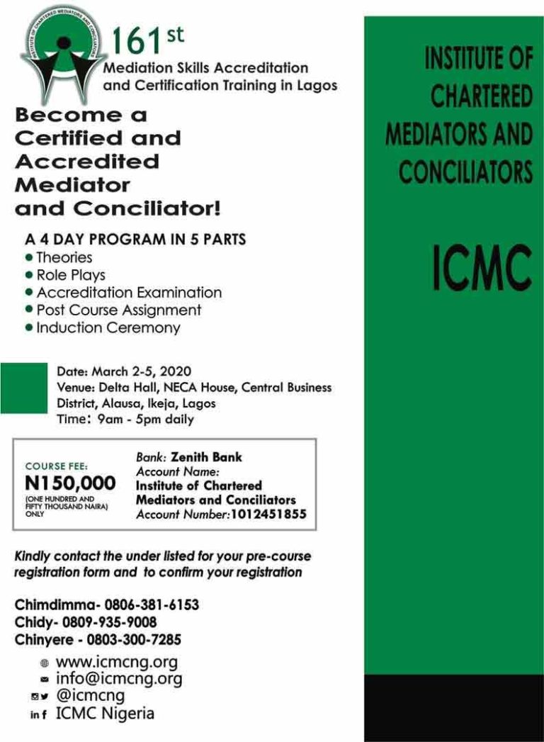 ICMC Mediation Skills Accreditation And Certification Training In Lagos ...