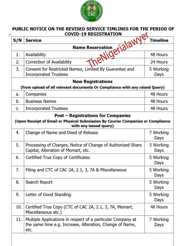 [IN FULL] CAC Releases Revised Service Timelines For The Period Of ...