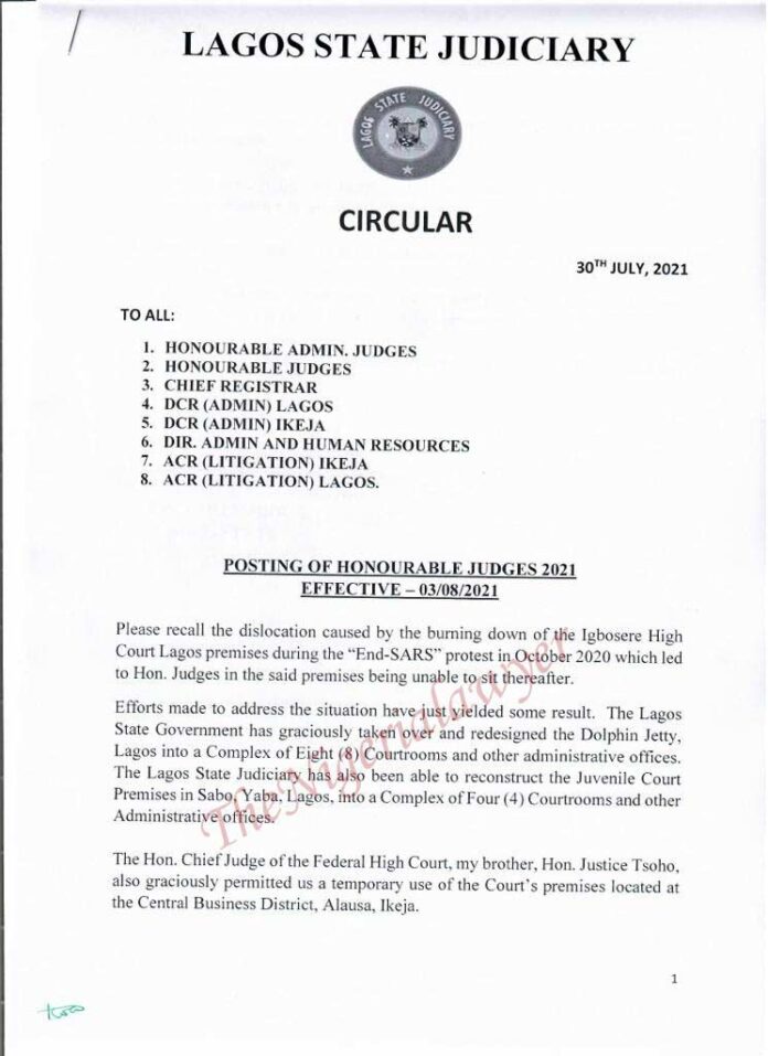 [FULL LIST] Lagos State Judiciary Releases 2021 Posting Of Judges ...