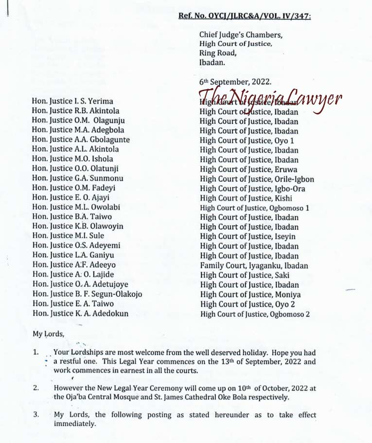 [FULL LIST] Oyo State Judiciary Releases 2022 Posting Of Judges ...