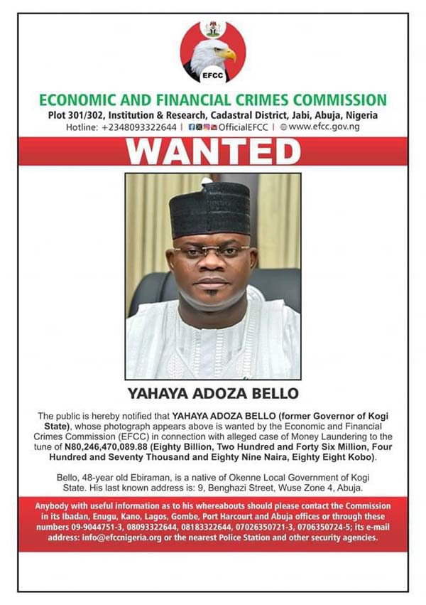 White Lion On The Run: EFCC Declares Yahaya Bello Wanted Over N80bn ‘Financial Crime ...